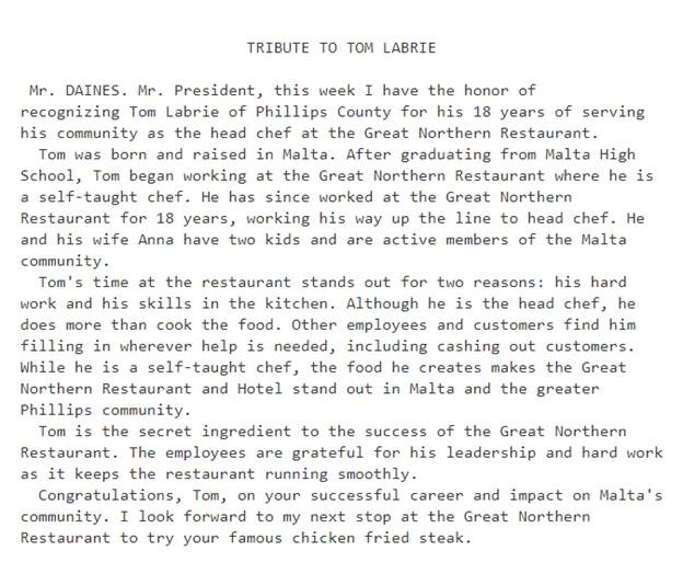 Daines Honors Montanan of the Week: Tom Labrie of Phillips County ...